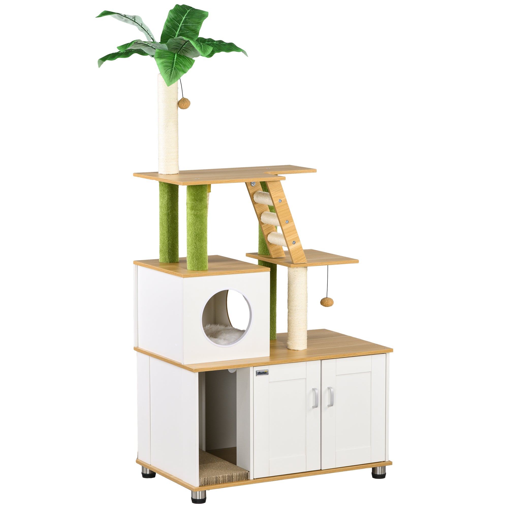 PawHut Cat Tree with Hidden Litter Box Enclosure, 2 in 1 Green Leaf Ca ...