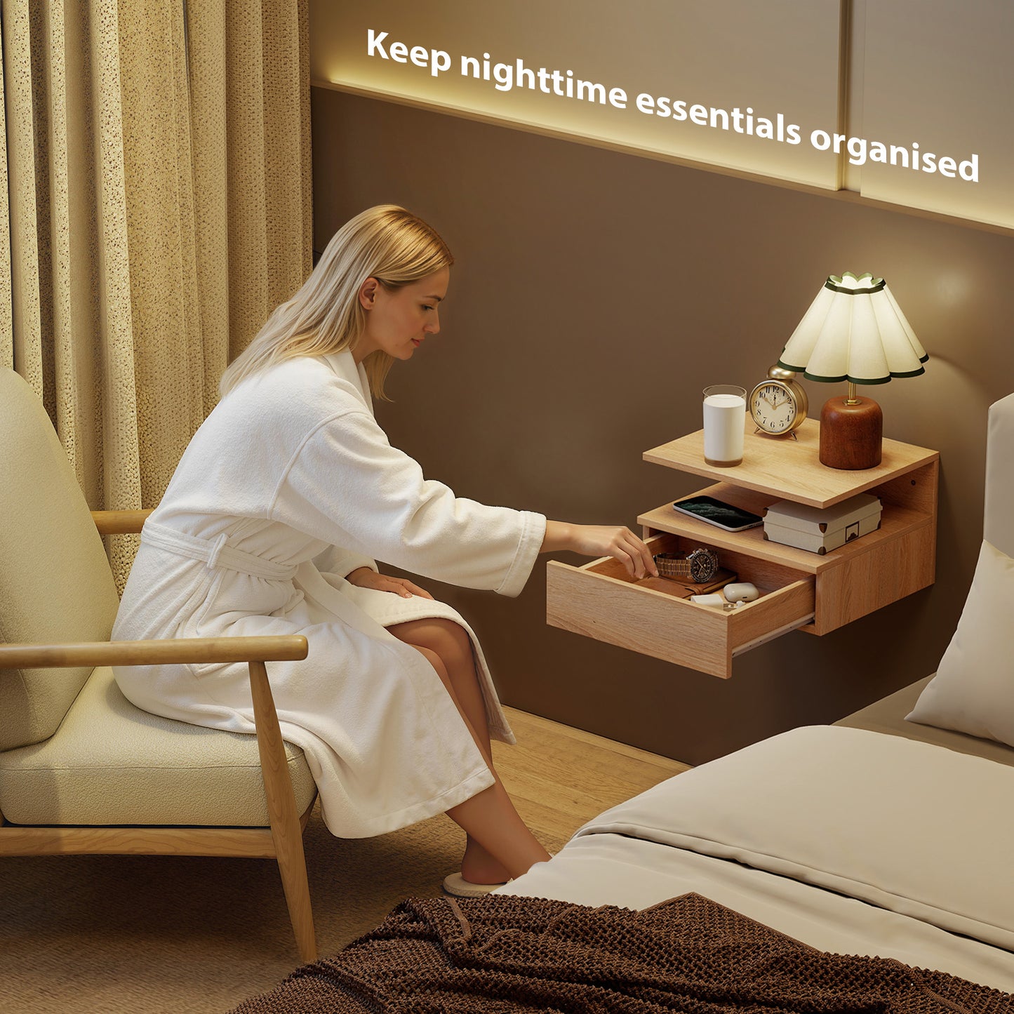 HOMCOM Set of Two Floating Bedside Tables - Oak – mhstar.co.uk