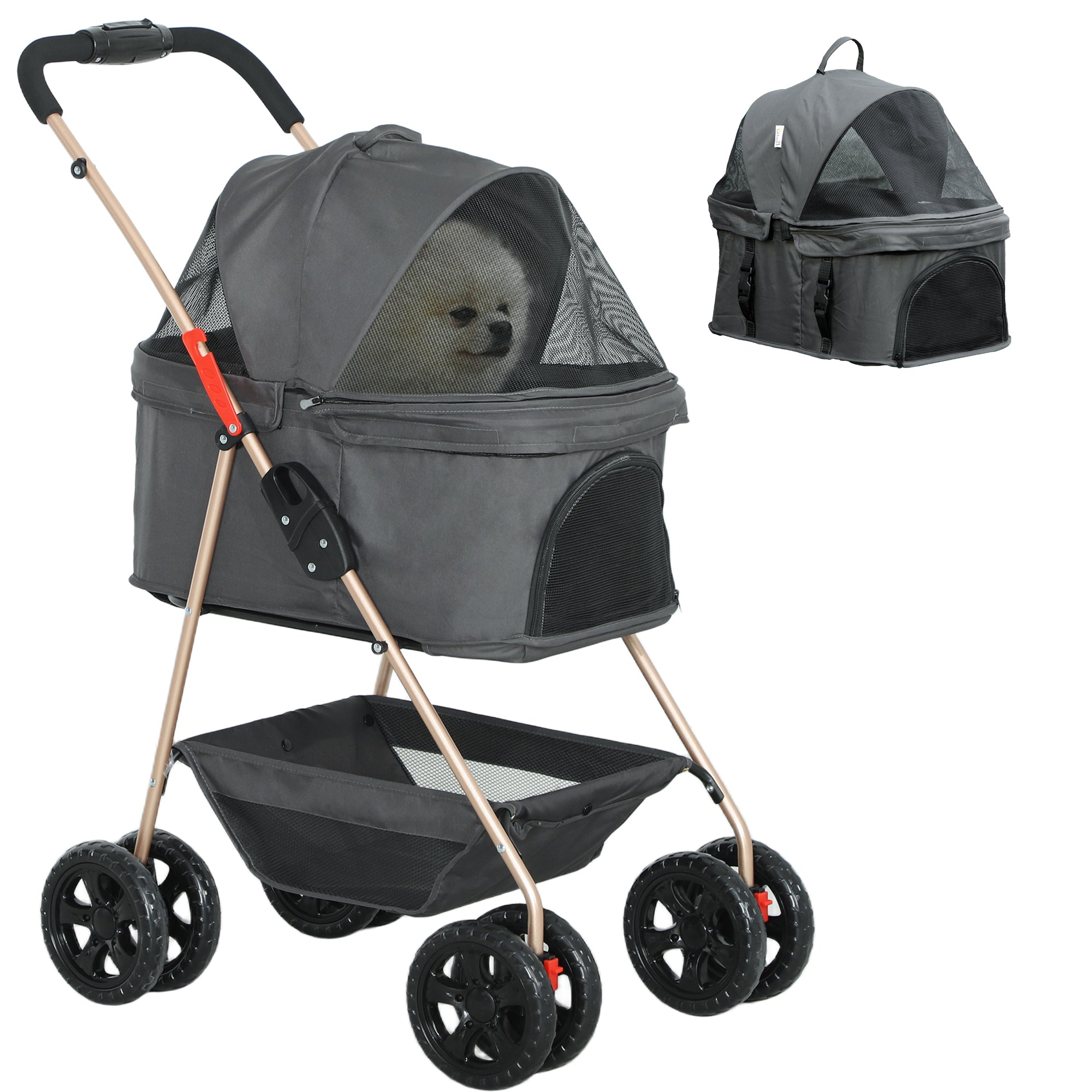 PawHut 3 in 1 Pet Stroller, Folding 4 Wheels Dog Pram with Detachable ...