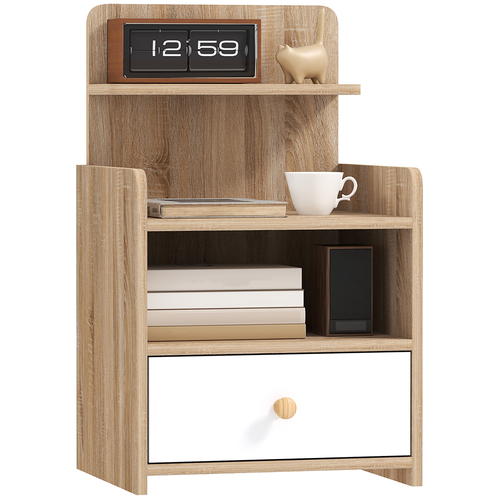 HOMCOM Multi-Storage Bedside Table - White/Wood-Effect – mhstar.co.uk