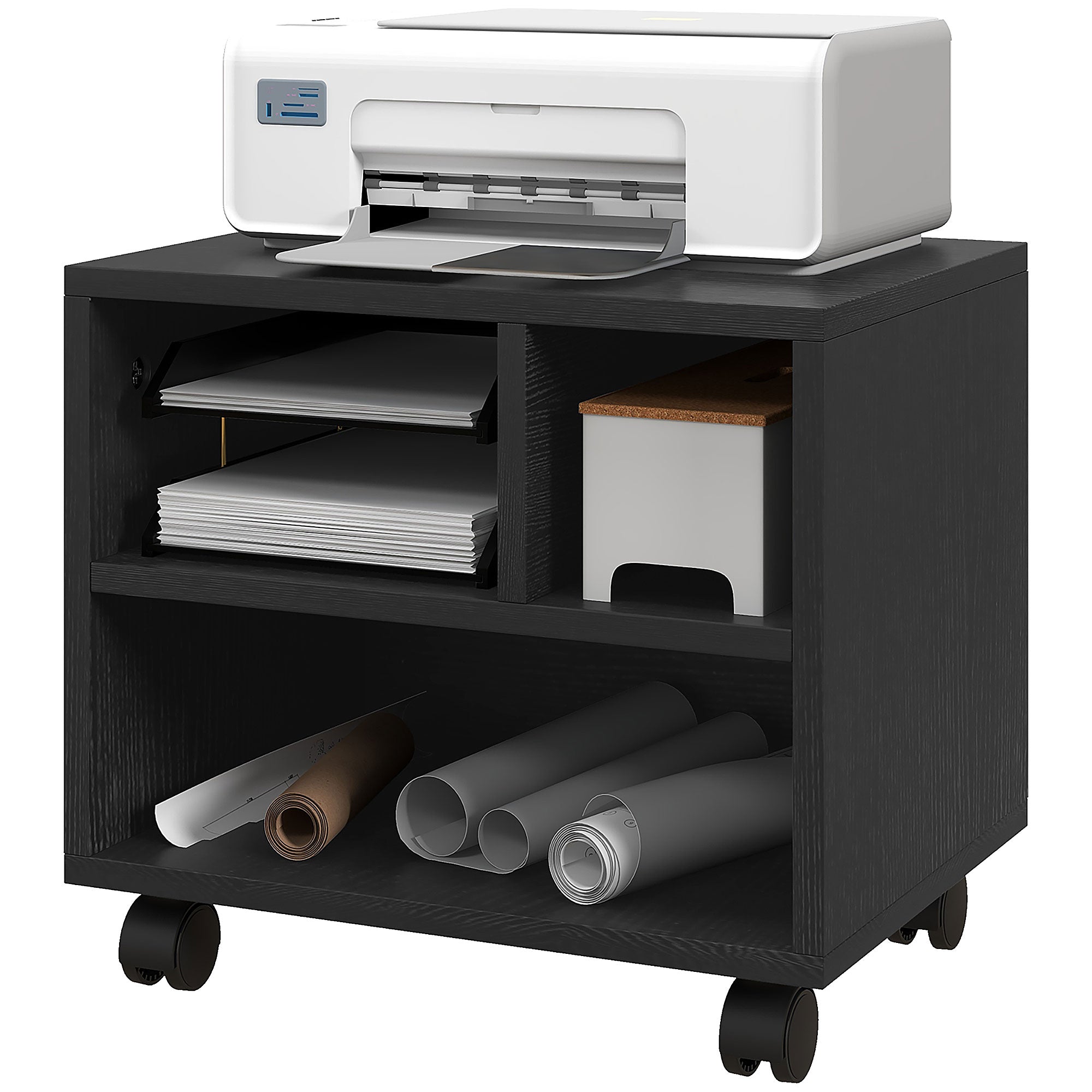 HOMCOM Three-Compartment Printer Cabinet, with Wheels - Black – mhstar ...