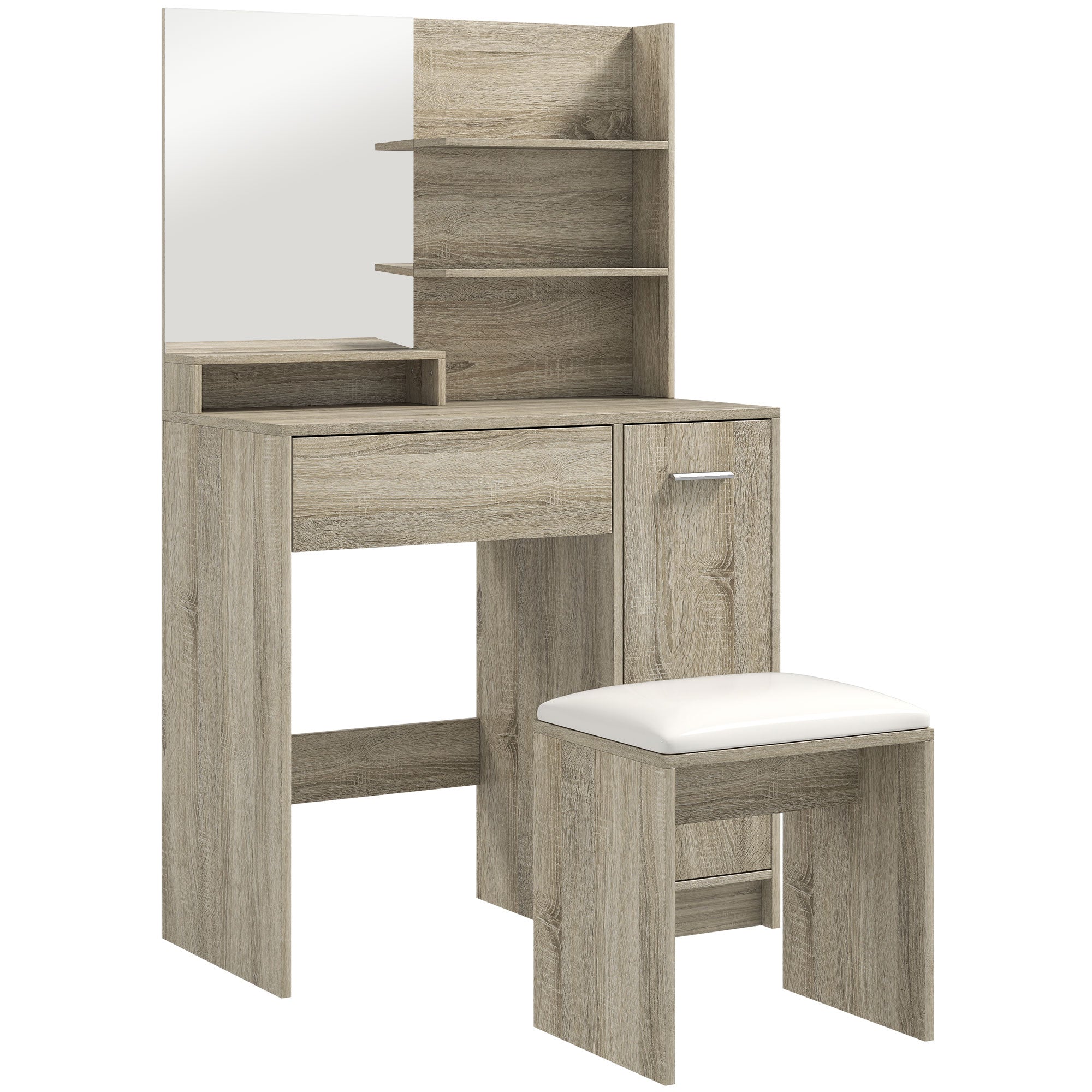 HOMCOM Dressing Table and Stool Set, with Storage - Natural Wood Finis ...