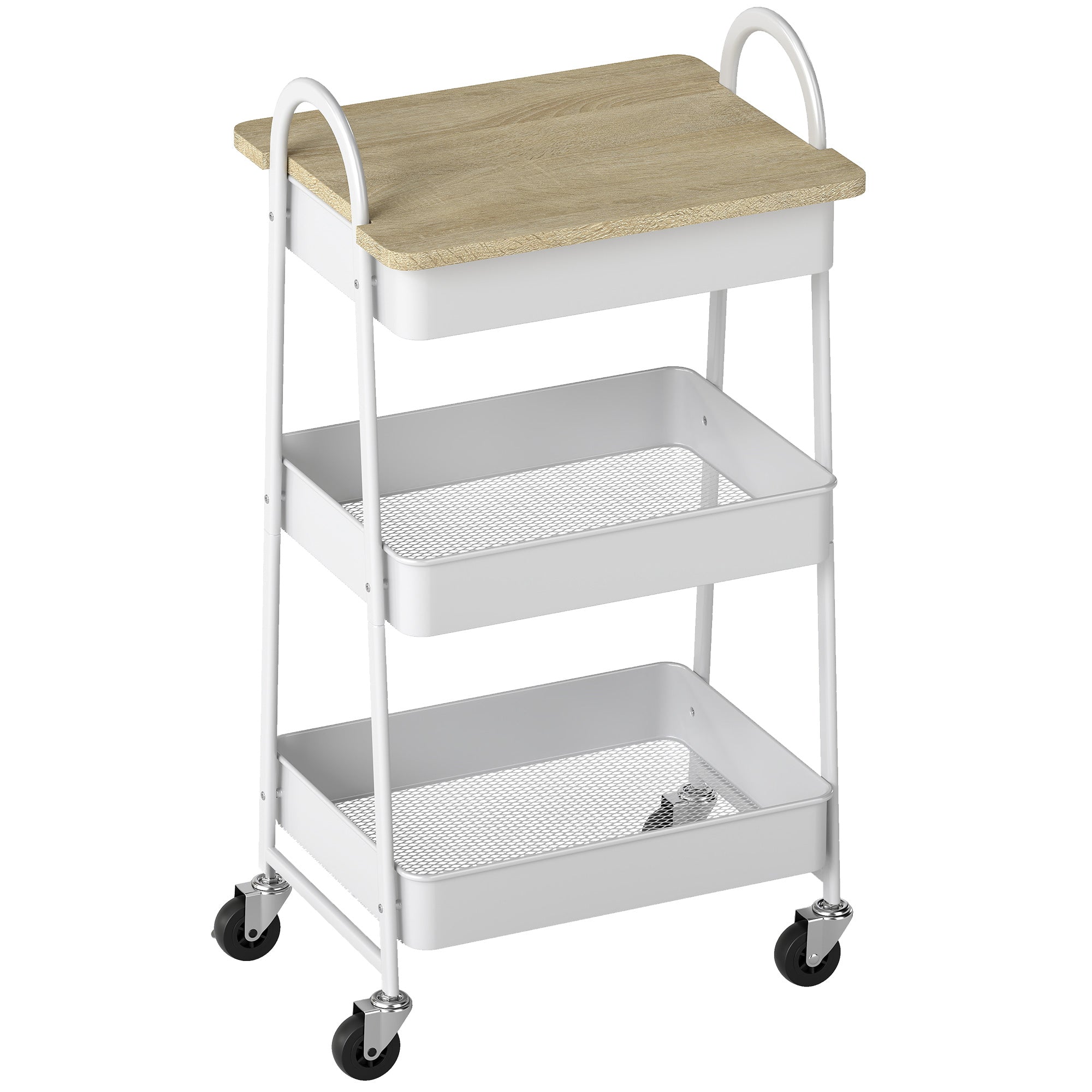 HOMCOM 3-Tier Kitchen Storage Trolley with on Wheels Cover Top Board ...
