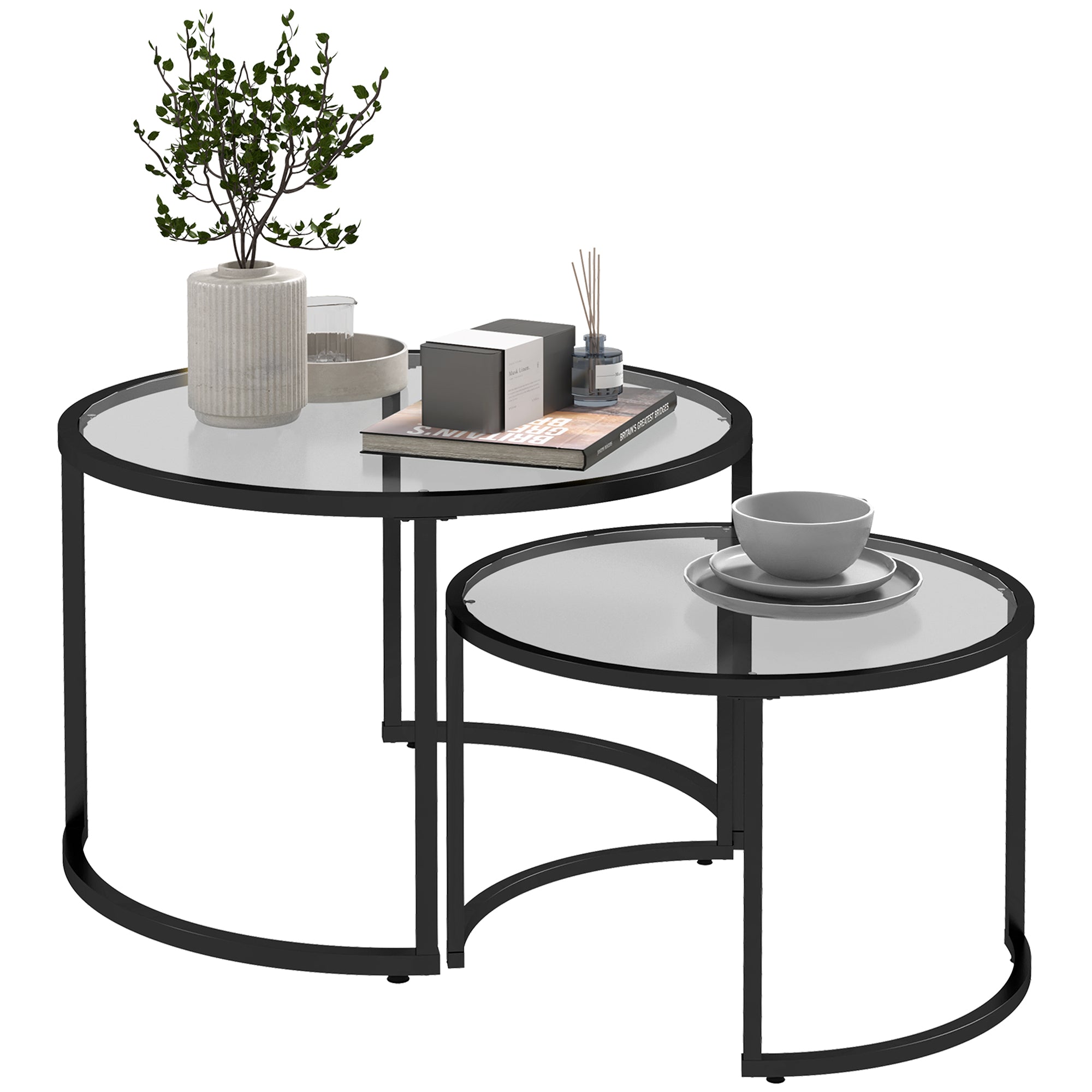 HOMCOM Round Glass Nesting Coffee Table Set of 2 - Black – mhstar.co.uk