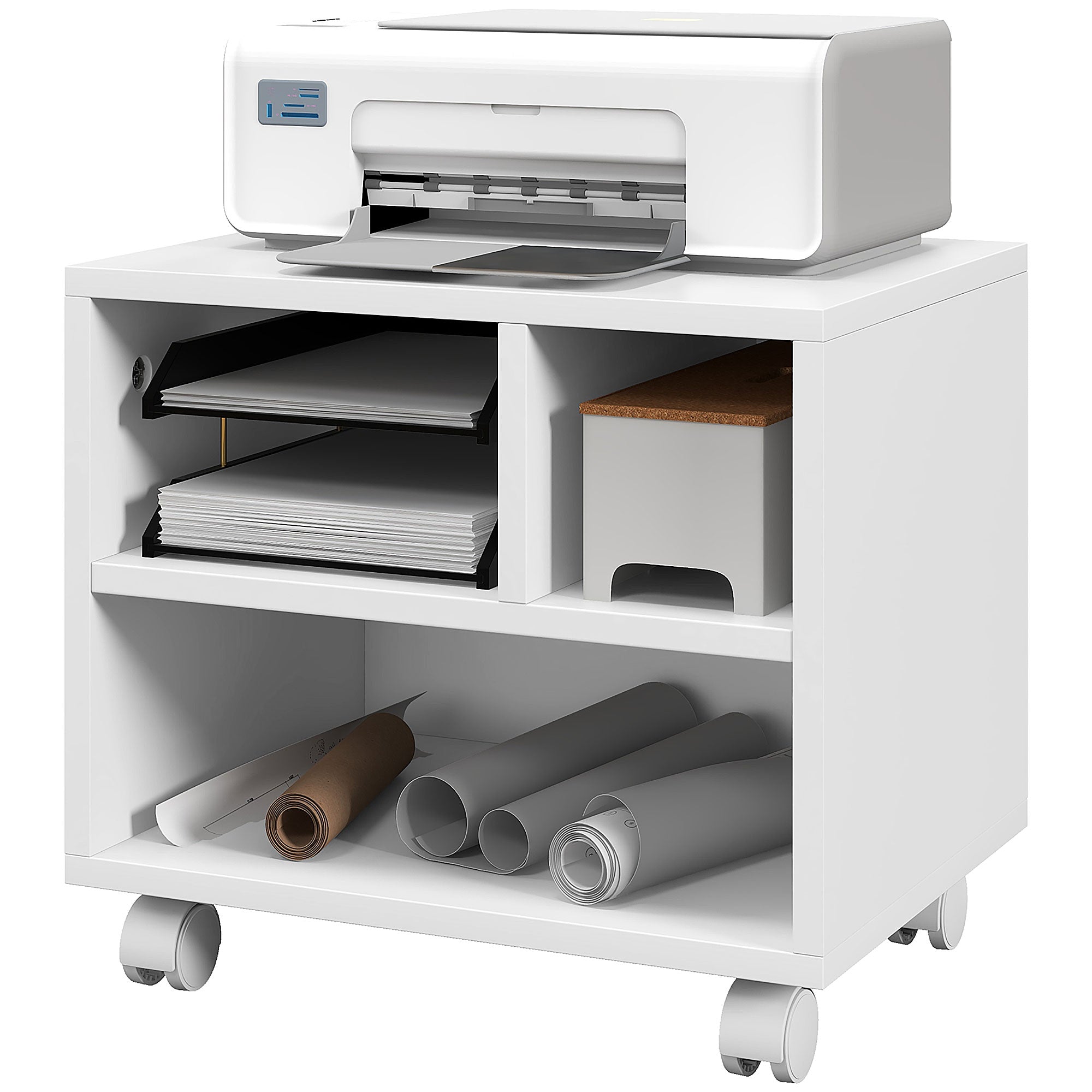 HOMCOM Three-Compartment Printer Cabinet, with Wheels - White – mhstar ...