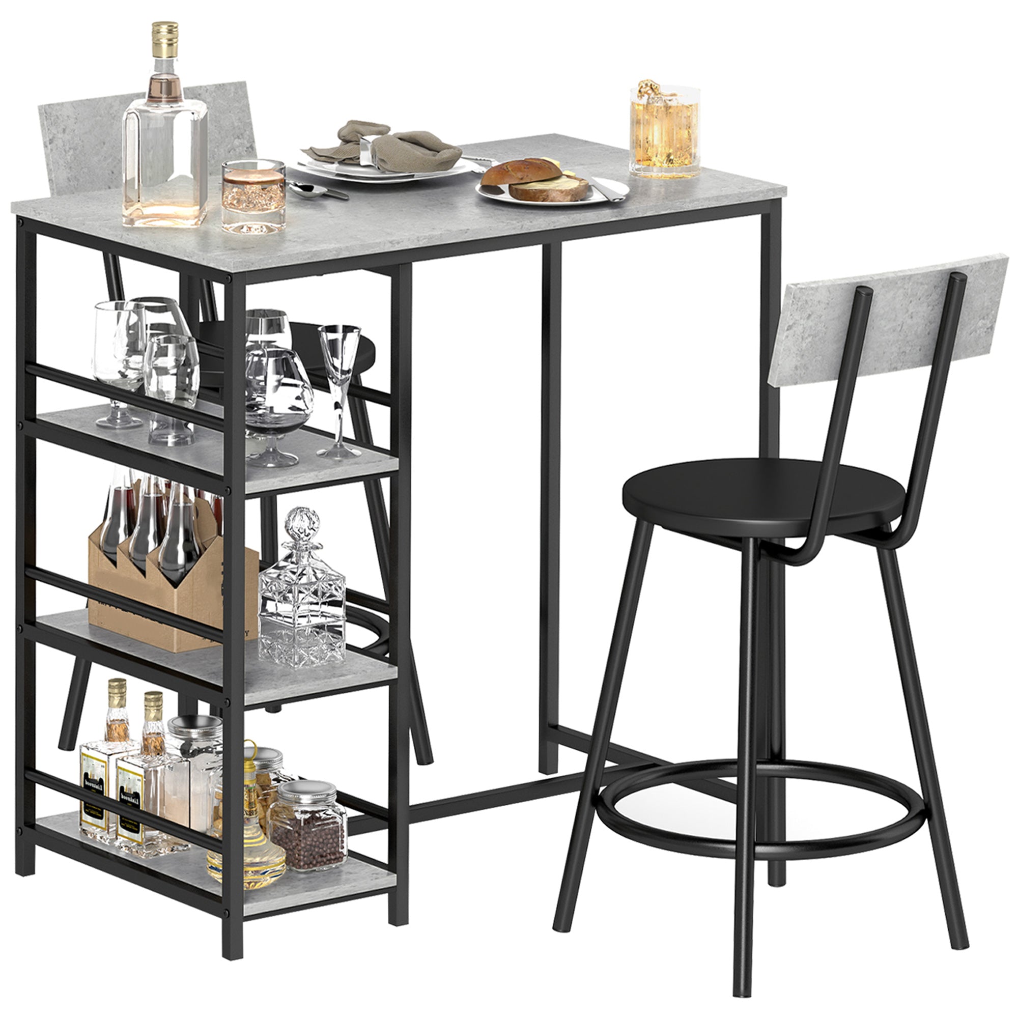 HOMCOM Three-Piece Kitchen Dining Set, with Shelves - Grey/Black ...