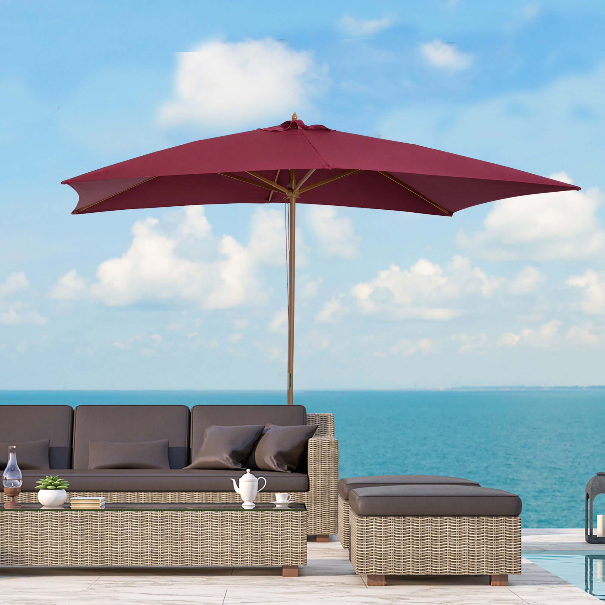 Outsunny Wooden Garden Parasol 3x2 m Wine Red 3m x 2m Wood Sun Shade P ...