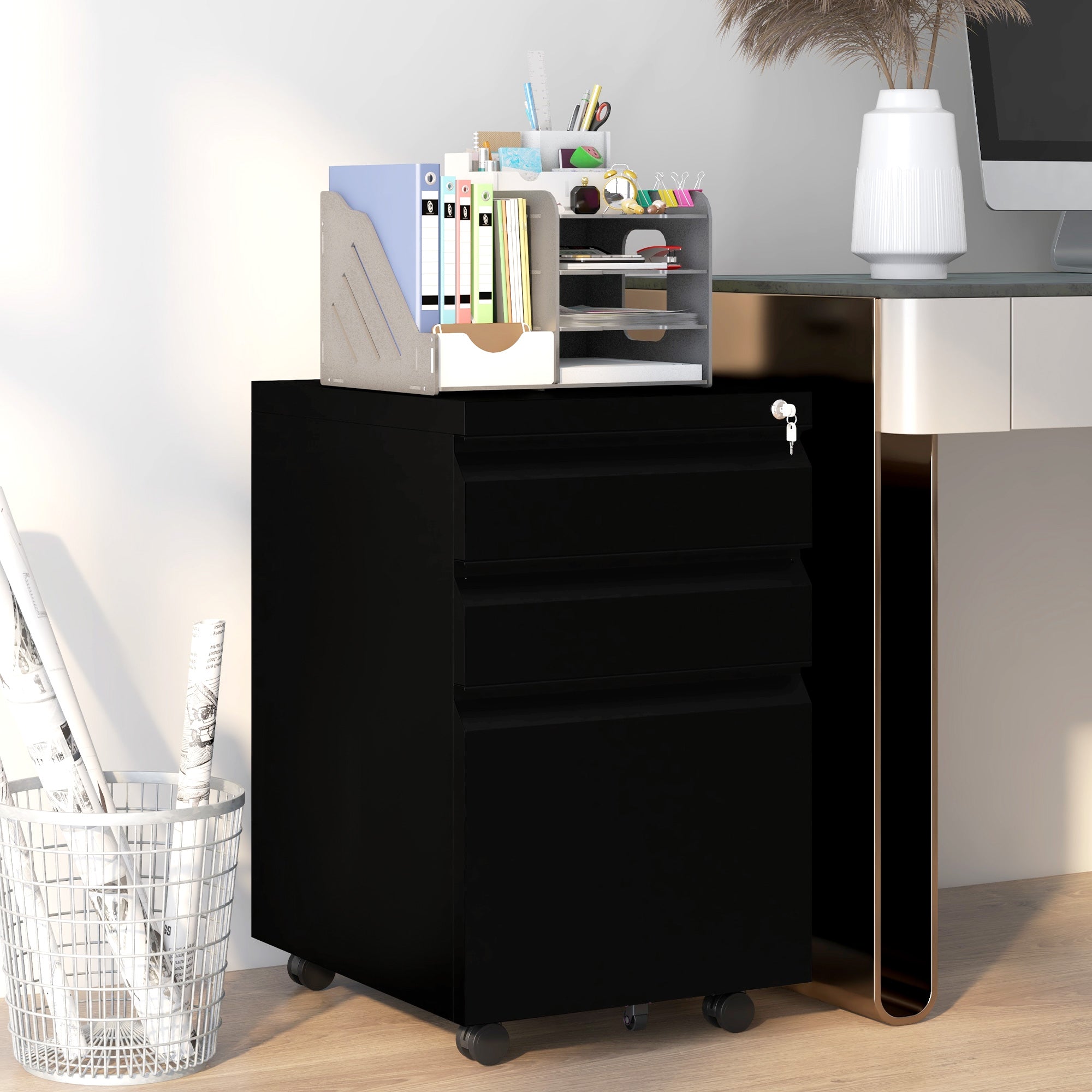 Vinsetto 3-Drawer Mobile Filing Cabinet on Wheels with Pencil Tray, St ...