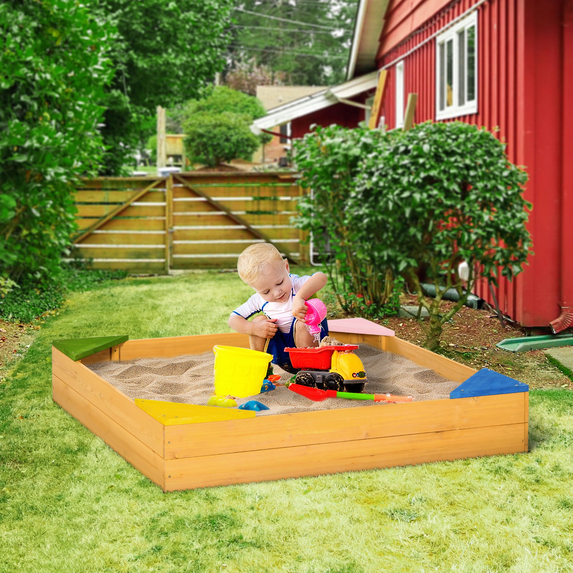 Outsunny Kids Wooden Sand Pit, Children Sandbox, with Four Seats, Non ...