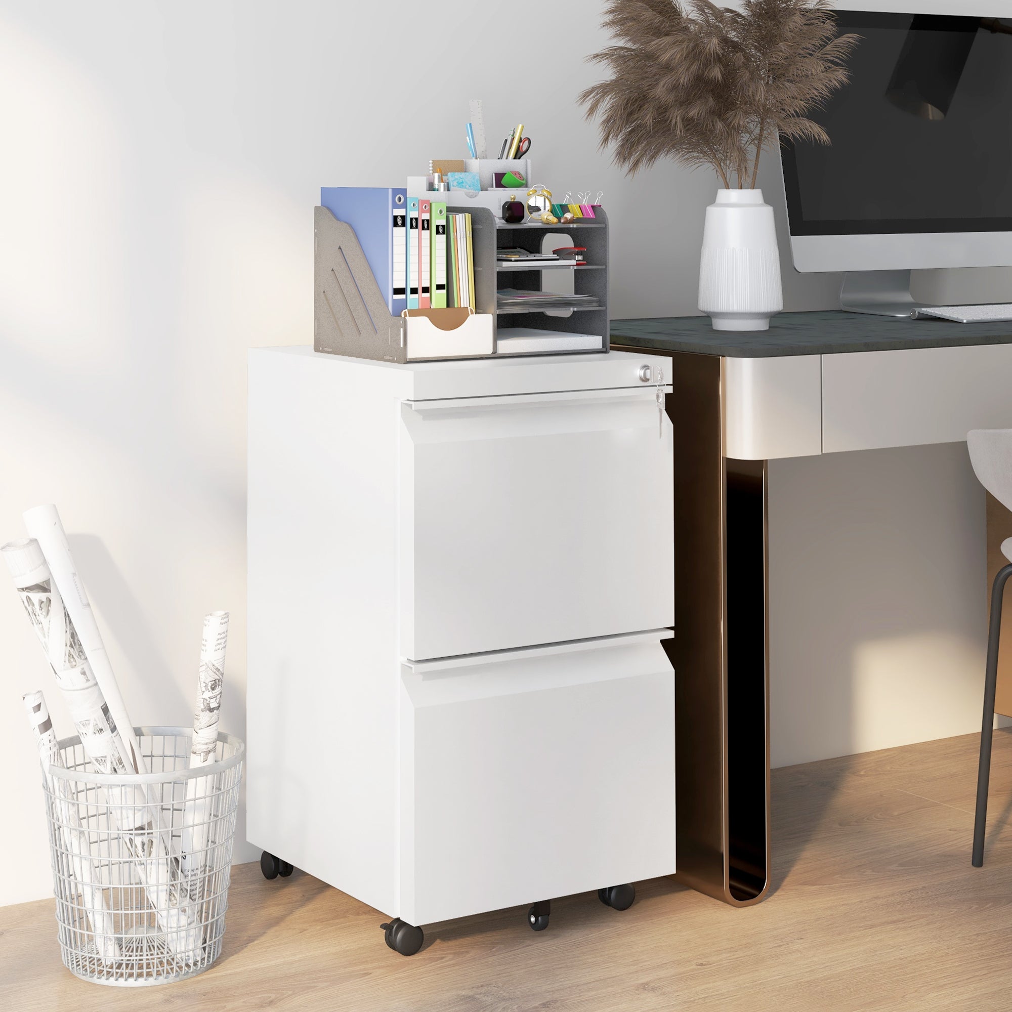 Vinsetto 2-Drawer Mobile Filing Cabinet on Wheels, Steel Lockable File ...