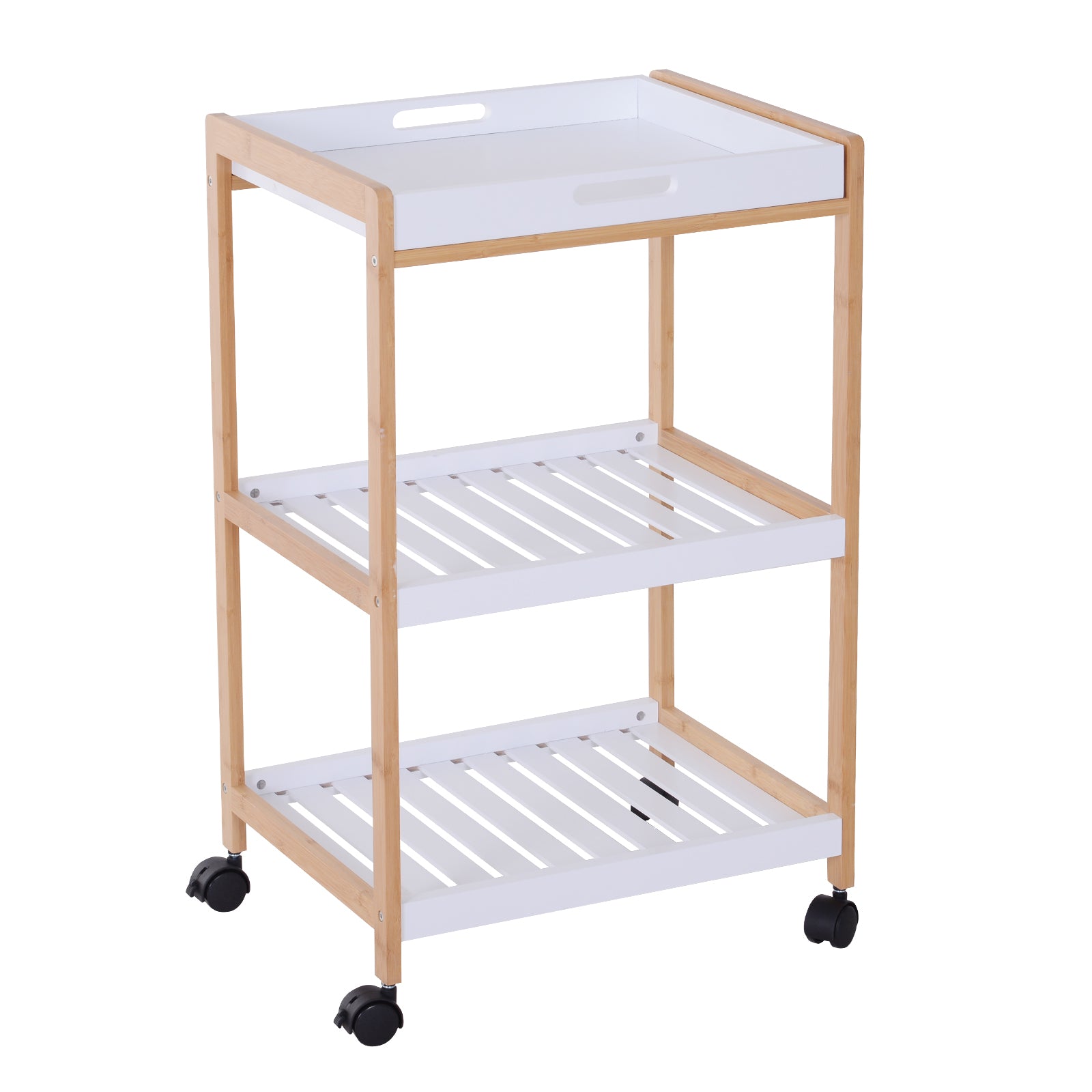 HOMCOM Kitchen Trolley, Bamboo/MDF board, 46Lx35Wx74.5H cm-White/Bambo ...