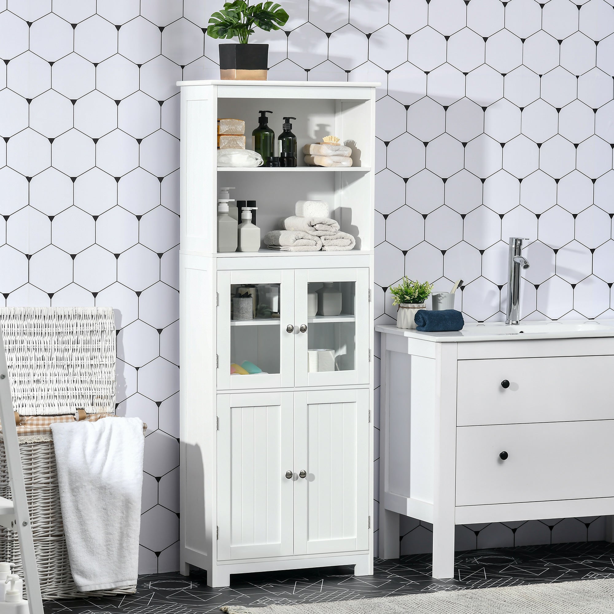 HOMCOM Freestanding Kitchen Cupboard, 4-Door Storage Cabinet with Adju ...