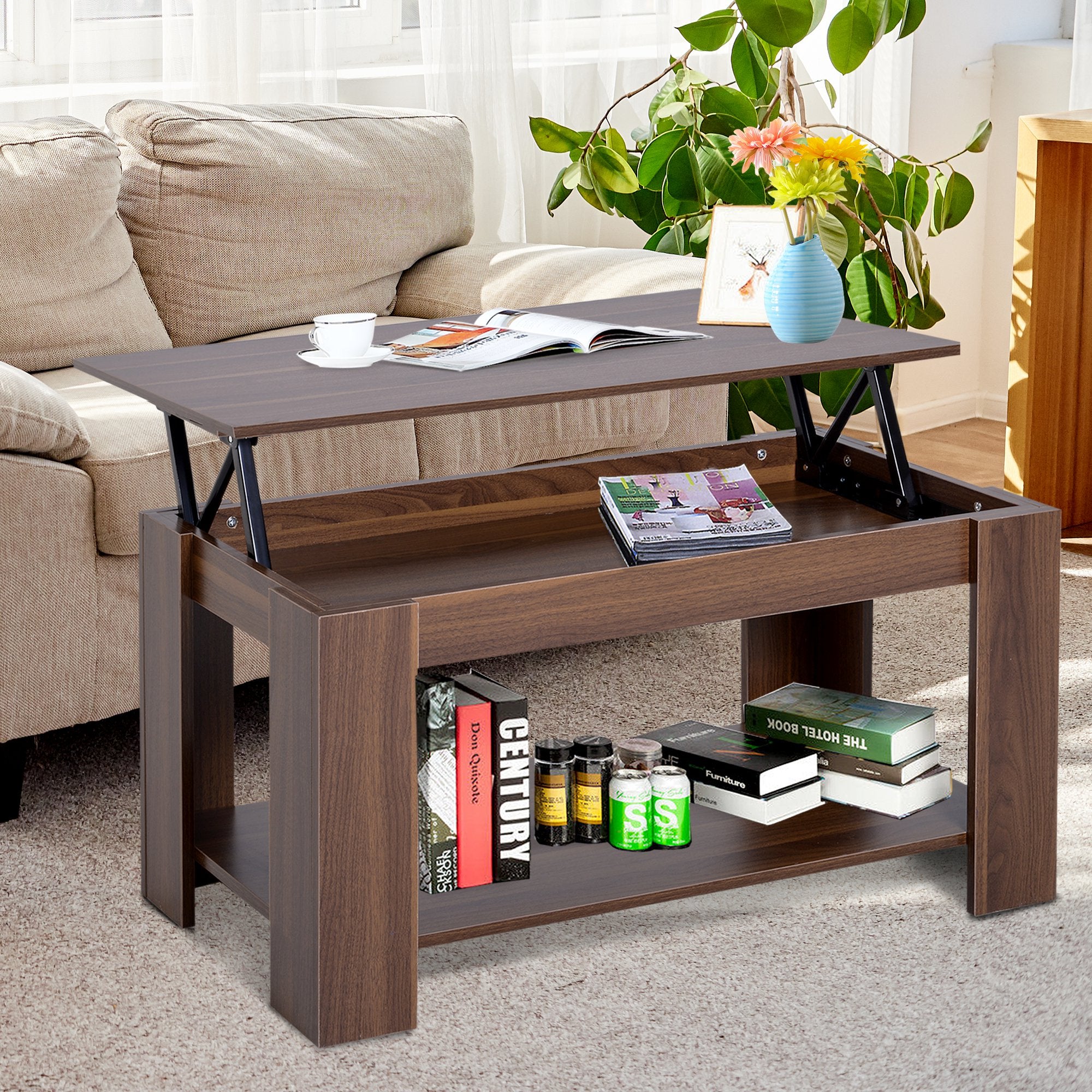 HOMCOM Modern Lift Up Top Coffee Table, 100W x 50D x 50/63Hcm cm-Natur ...