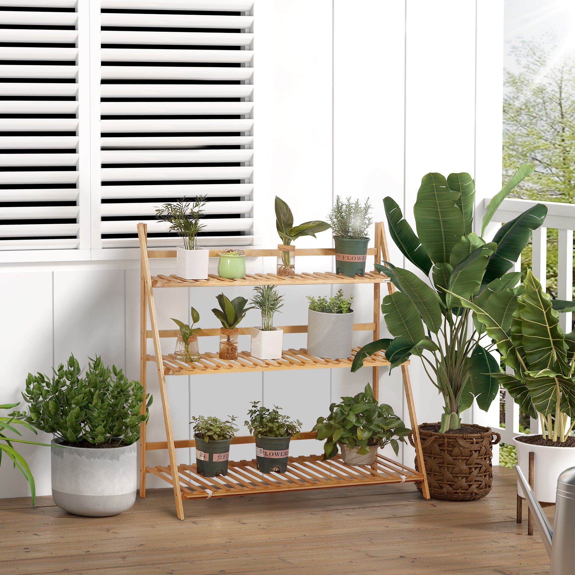Outsunny 3-Tier Plant Stand, Plant Shelf Rack, Folding Bamboo Display ...