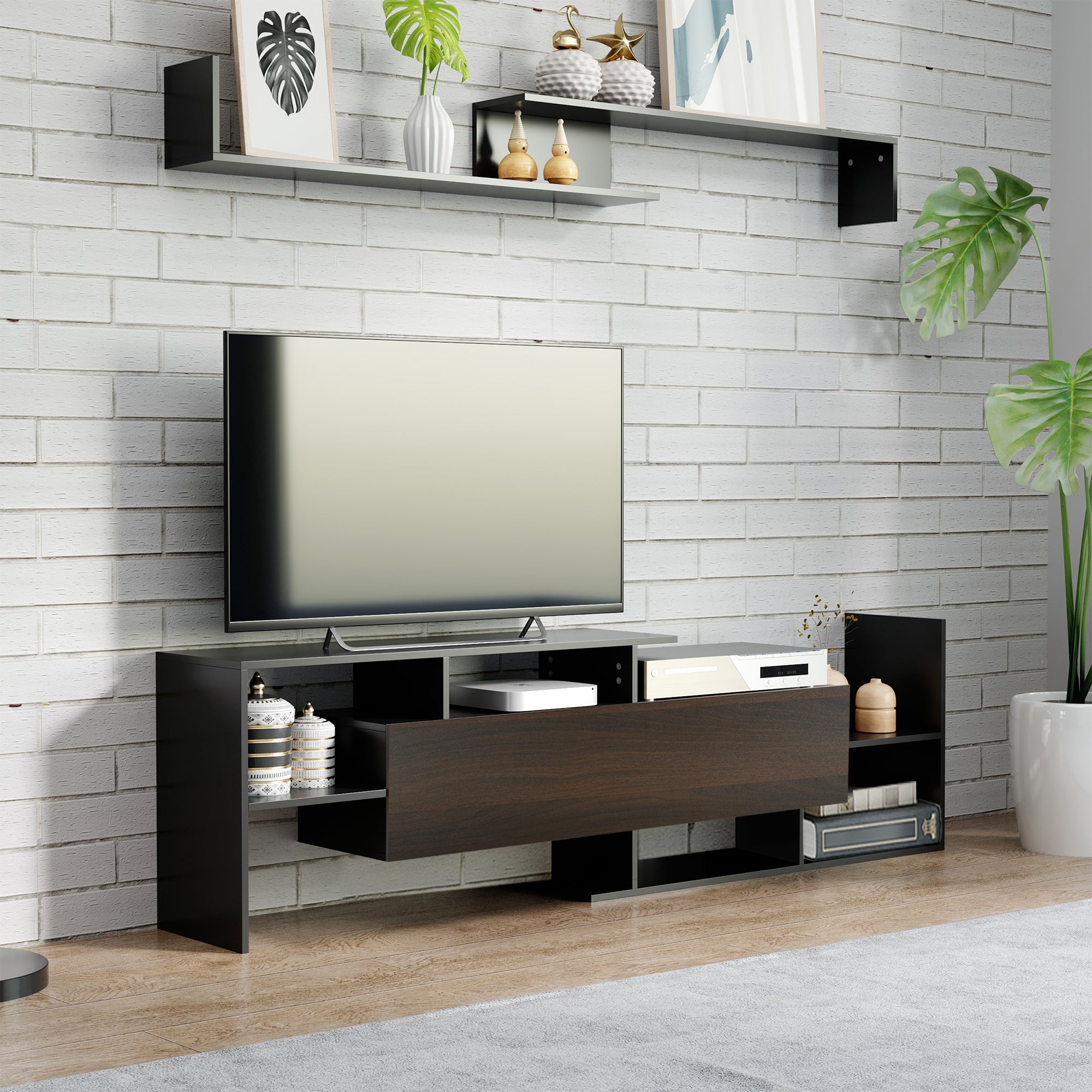 HOMCOM Modern TV Cabinet with Wall Shelf, TV Unit with Storage Shelf a ...