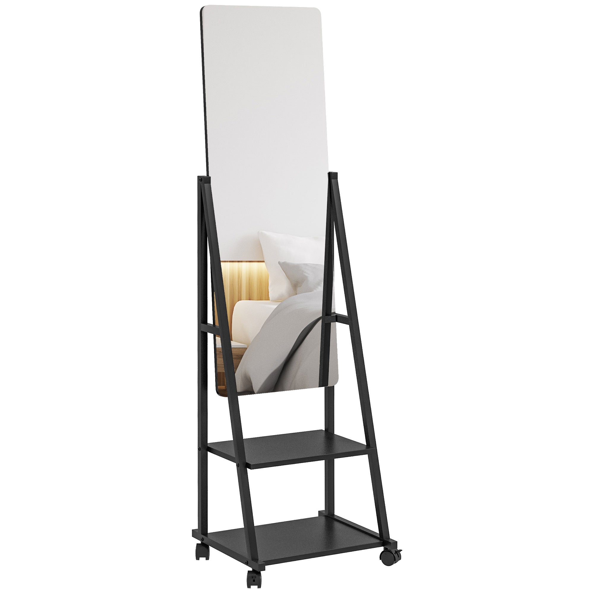 HOMCOM Free Standing Dressing Mirror, Rolling Full Length Mirror on Wh ...