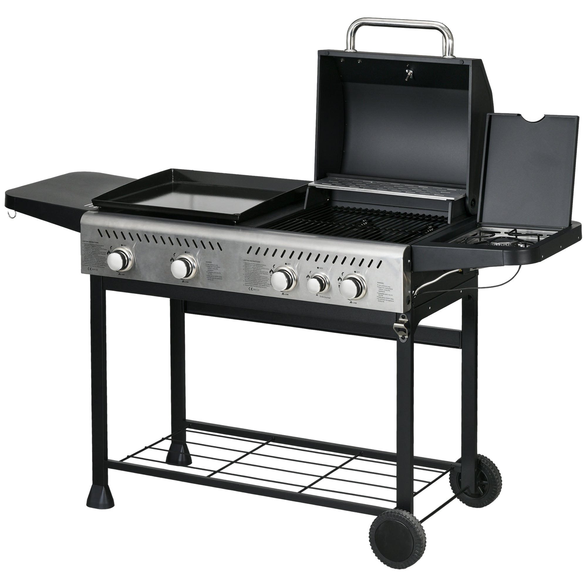 Outsunny 15 kW Gas BBQ Grill and Plancha with Side Burner, Black ...